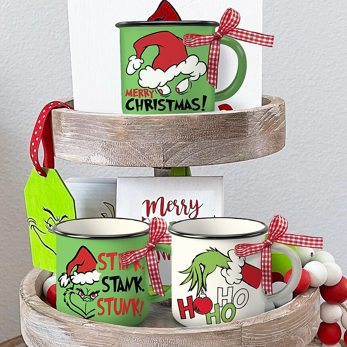 Paayna Merry Christmas Mini Coffee Mug Set of 3, Xmas Stink Stank Stunk Santa Hat Green 5 oz Mini Coffee Cups Tiered Tray Decor, Hohoho Funny Holiday Kitchen Coffee Bar Decorations Housewarming Gift