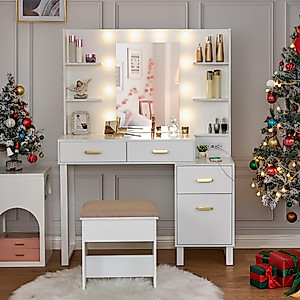 ANWBROAD Makeup Vanity Desk Vanity Set with 10 LED Bulbs Lighted Mirror Makeup Vanity Table Set with Charging Station Nightstand 3 Colors Modes Dimming Cushioned Stool Large Mirror White UBDT53W
