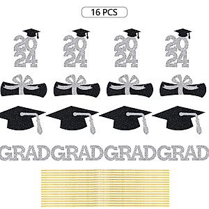 Silver Grad Centerpiece Sticks Class of Party Decor Black Cap Toppers Graduation Arrangement Supplies 16 Pieces