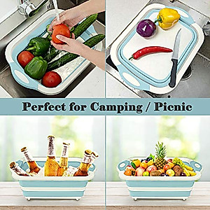 Rottogoon Collapsible Cutting Board, Foldable Chopping Board with Colander, Multifunctional Kitchen Vegetable Washing Basket Silicone Dish Tub for BBQ Prep/Picnic/Camping(Light Blue)