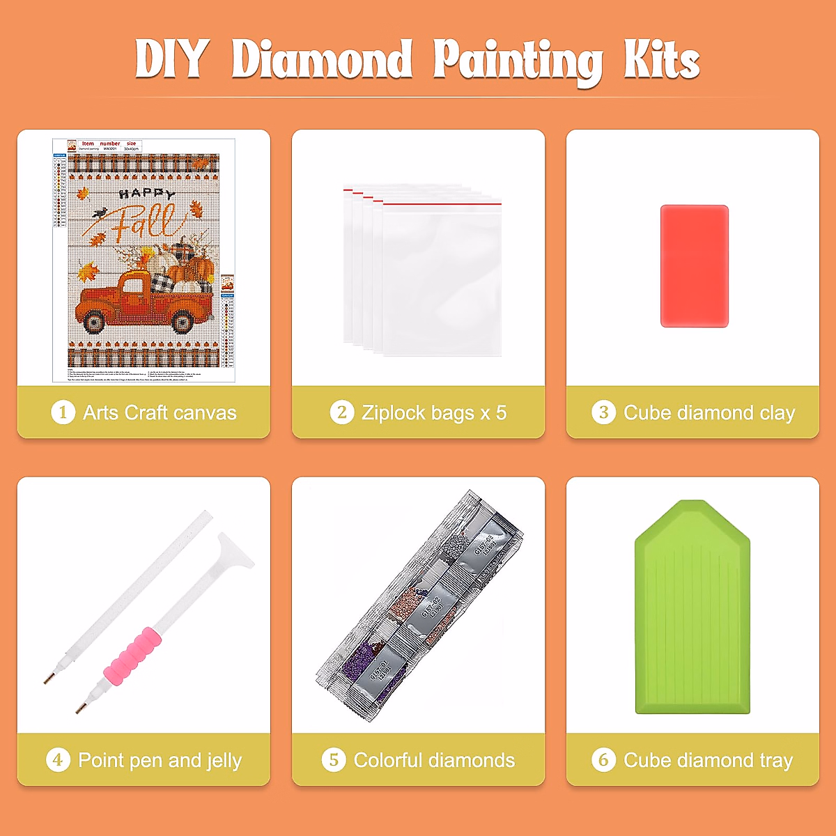 NAIMOER Happy Fall Diamond Art Kits for Adults, 5D Truck Diamond Art Kits for Adults, DIY Full Drill Pumpkin Diamond Art Fall Diamond Art for Home Decor 30x40cm