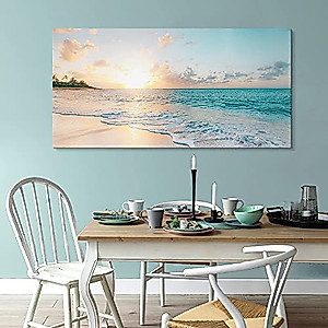 Goldfoilart Beach Wall Art Sunset Pictures Ocean Prints Romantic Sea Waves Canvas Paintings for Living Room Bedroom Bathroom Office Framed Artwork Decorations Wall Decor Easy to Hang 20"x40"