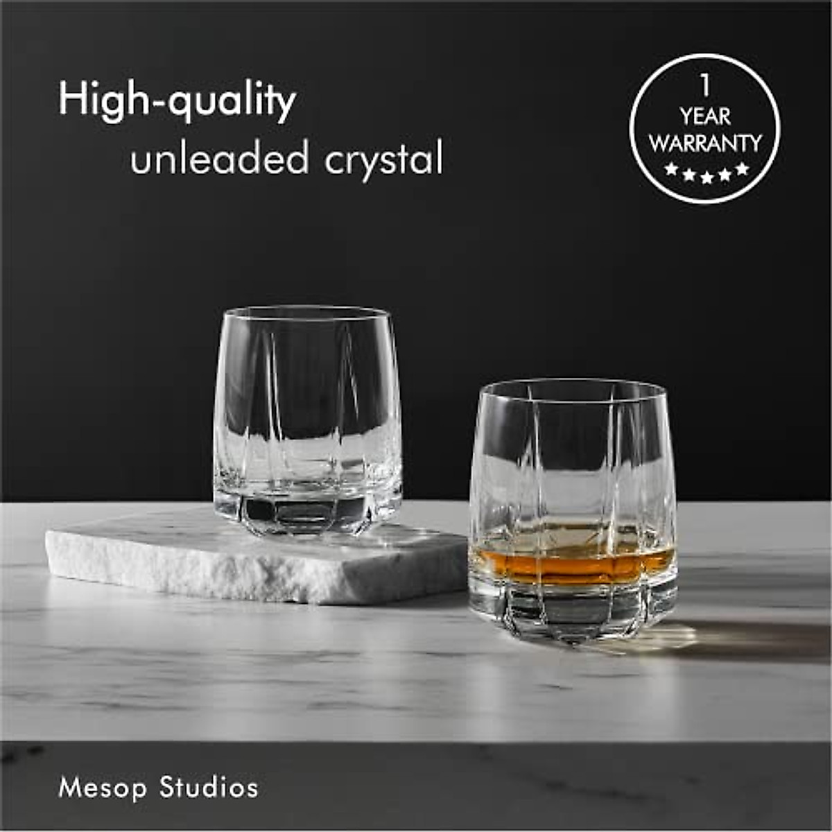 Mesop Studios Crystal Whiskey Glasses Set of 2 | Bourbon Glasses Set 2, Crystal Rocks Glasses, Old Fashioned Glasses, Scotch Glasses, Cocktail Glasses, Liquor Glasses, Lowball Glasses, Whiskey Tumbler