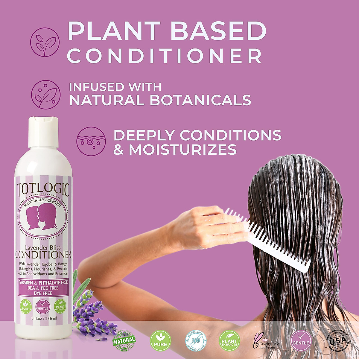 TotLogic Kids & Baby Safe Conditioner - 8 oz, Lavender Bliss, Infused with Natural Jojoba Oil and Rich in Antioxidants to Detangler Hair, No Phthalates, Parabens or Sulfates