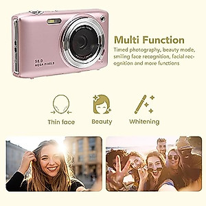 4K Digital Camera, 58MP 16X Zoom Auto Focus Vlogging Camera, Kids Compact Camera with 2.88Inch HD TFT Screen, Face Recognition, Timing Function, Fixed Focus Macro (Pink)