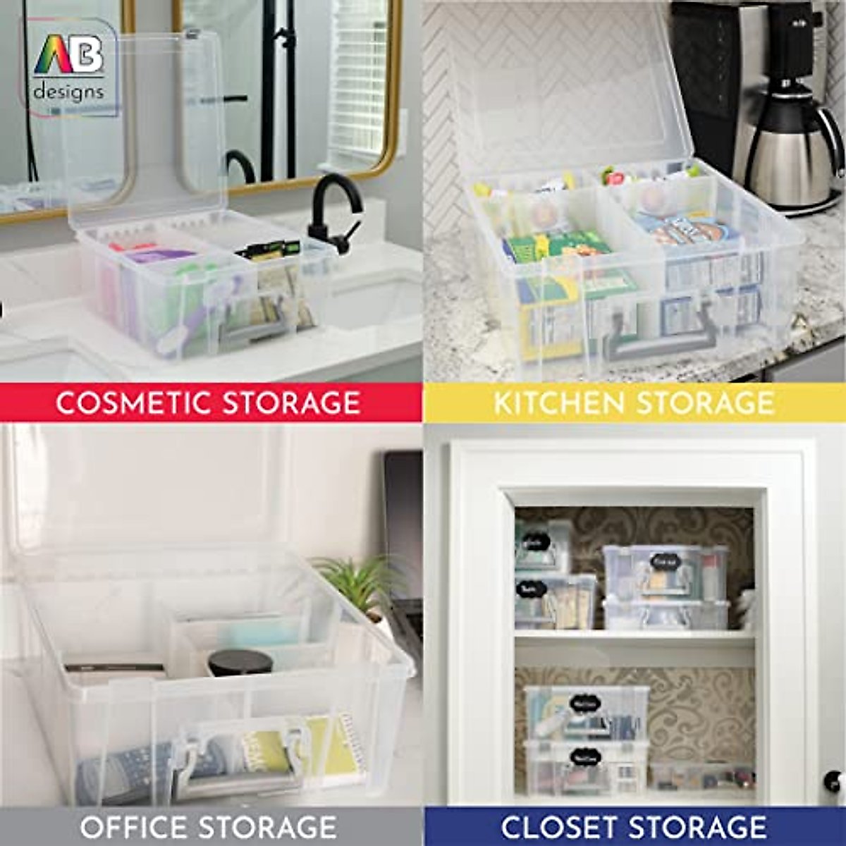 AB Designs 6990ABD Super Satchel Double Deep with Removable Dividers, Stackable Home Storage Organization Container, Clear with Sliver Latches and Handle
