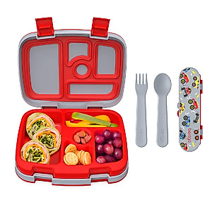 Bentgo® Kids Prints 5-Compartment Bento-Style Kids Lunch Box Set with Reusable Plastic Utensils (Trucks)
