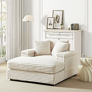 Chaise Lounge Chair Indoor, 43.3 Inch Comfy Corduroy Sectional Cloud Couch, Upholstered Single Sofa w/Movable Ottoman for Living Room, Bedroom, Apartment, Beige