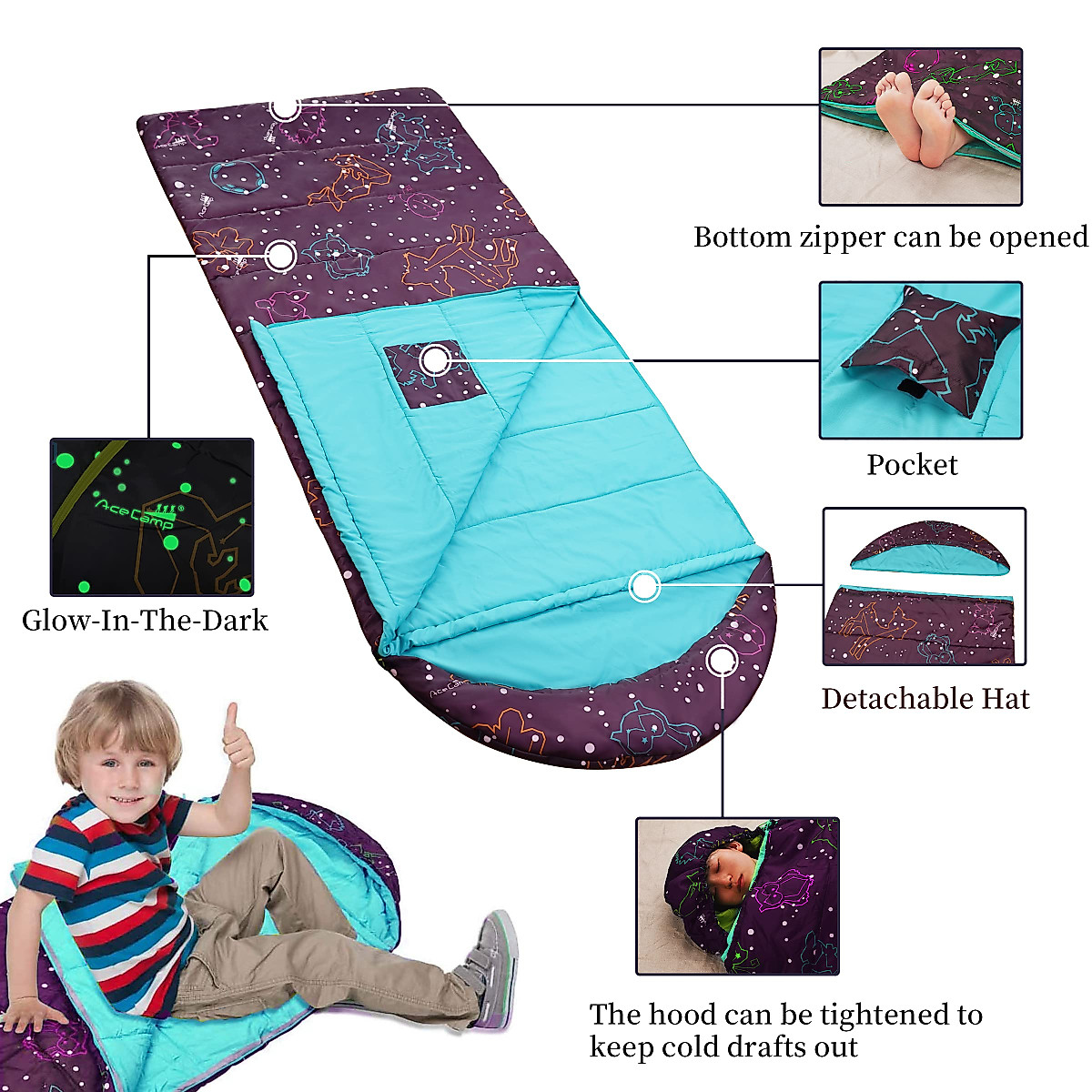 AceCamp Kids Sleeping Bag, Glow-in-The-Dark Sleeping Bag for Kids and Youth, Portable Water-Resistant Kids Sleeping Bag, Temp Rating 30F/ -1℃, for Camping, Hiking, Slumber Party (Kids,Purple)