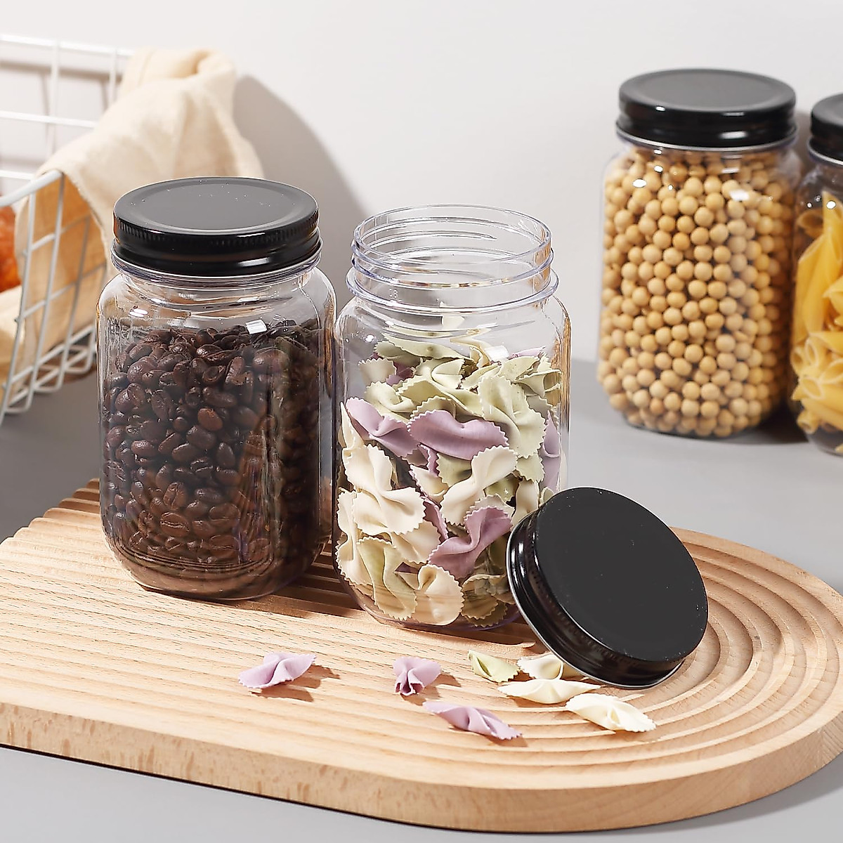 OMNISAFE 16 Ounce Clear Plastic Mason Jars With Screw On Lid, Reusable Empty Jars for Food Storage, Round BPA Free Containers for Sealing, Dry Food, Snacks, Candies, Breakage-proof, (Black - 20 Pack)