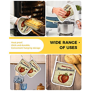 5 PCS Pot Holders with Hanging Loops, Red Strawberry Heatresistant Potholders Coasters Mat for Kitchen Cooking Baking BBQ Vintage Rural Shabby Grain