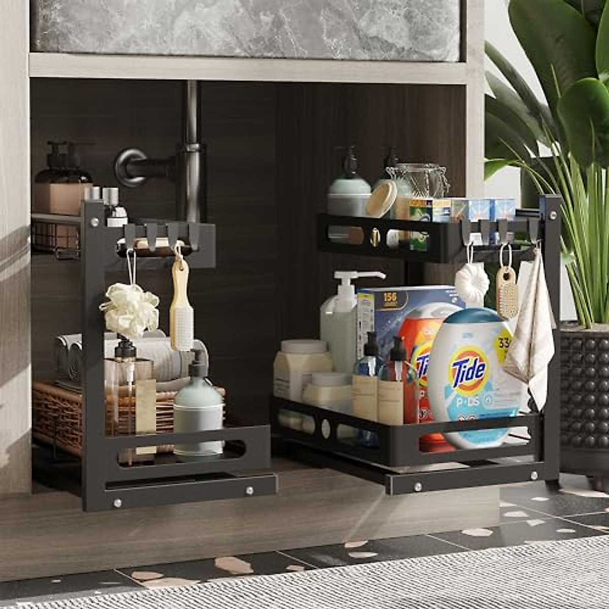 NETEL Under Sink Organizers and Storage, 2 Pack Metal Pull Out Under Cabinet Organizer with 4 Hooks,Kitchen Cupboard Organizer Shelf, Sliding Drawers for Bathroom