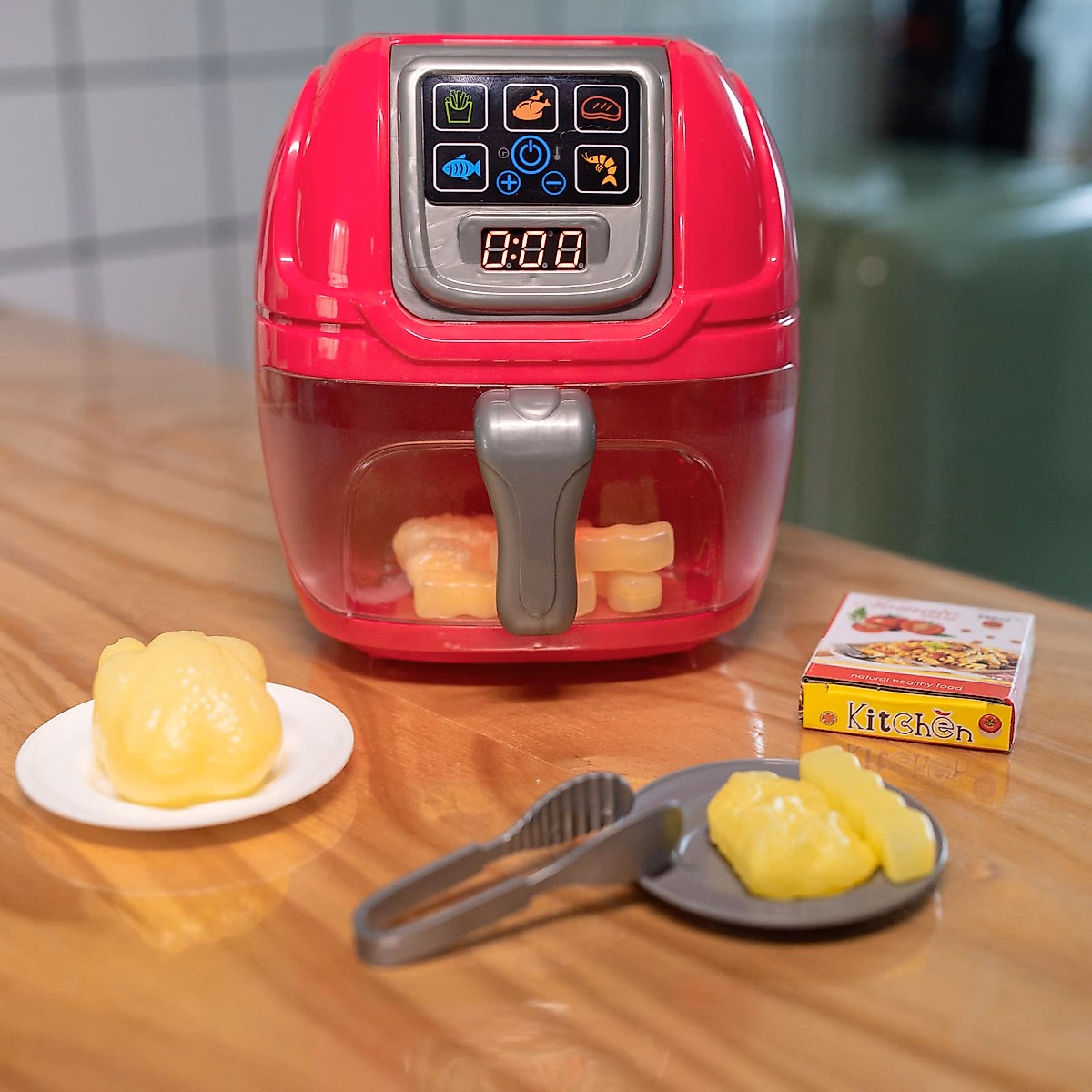 Fxfenoxo Toy Air Fryer Play Kitchen Accessories Set for Kids, Toddler Pretend Cooking Toys with Play Foods for 3-5 for Year Old Boys and Girls Gift