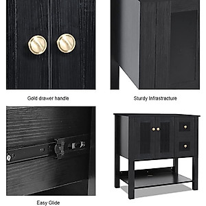 eclife 32" Bathroom Vanity Sink Combo Black Cabinet Vanity Brown Round Tempered Glass Vessel Sink & 1.5 GPM Water Save Faucet & Solid Brass Pop Up Drain (A09 V004)