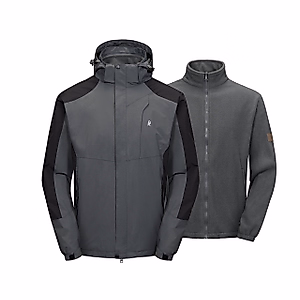 Little Donkey Andy Men's 3 in 1 Winter Ski Jacket Warm Fleece Liner Jacket Waterproof Windproof Snow Coat & Detachable Hood Grey/Black XL