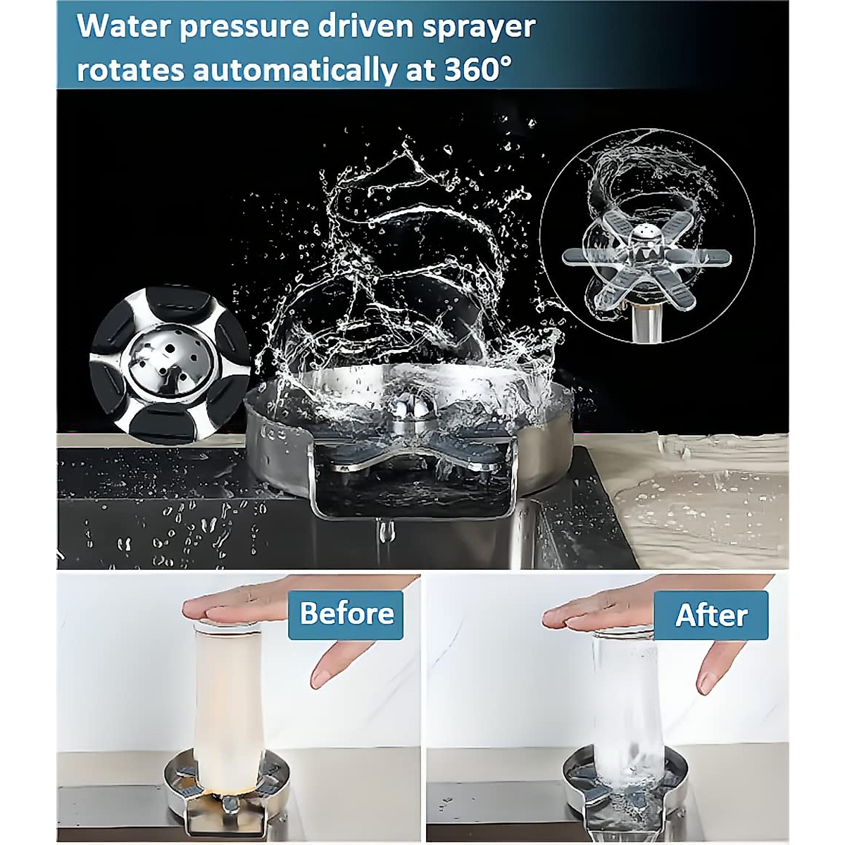 360° Rotary Stainless Steel Glass Rinser, Faucet Glass Rinser for Kitchen Sinks,Metal Cup Cleaner for Sink,Glass Bottle Cleaner Sink Attachment (9 Holes Rotation, Brush Nickel)