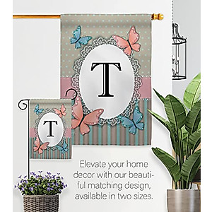 Breeze Decor T Initial Garden Flag Set Wall Hanger Monogram Friends Bugs & Frogs Butterfly Ladybugs Dragonfly Bee Springtime Insect Natural Wildlife House Yard Gift Double-Sided, Made in USA
