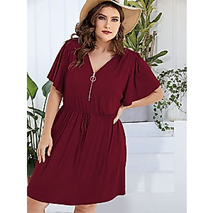vepeabak Womens Plus Size Dress Zipper V Neck Solid Flutter Short Sleeve Tie Waist Mini Dress with Pockets(Wine Red,3XL)