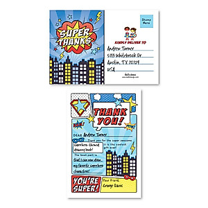 25 Superhero Comic Fill In The Blank Kids Thank You Cards, Hero Bam Themed Girls and Boys Bday Party Note Cards, Unique Adult or Children Birthday, Baby or Bridal Shower Event Supplies and Ideas