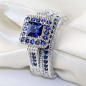 White Gold Filled 2pcs Womens Wedding Ring Sets Bridal Sets Princess Cut Cz Engagement Ring Wedding Bands