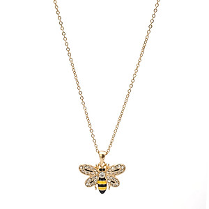 Spinningdaisy Crystal Embedded Yellow and Black Flying Bumble Bee Necklace (Gold Plated)