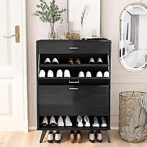 AWQM Shoe Storage Cabinet for Entryway, Free Standing Shoe Organizer with 2 Flip Drawers，Hidden Shoe Rack Storage Organizer for Doorway Hallway Closet, Black