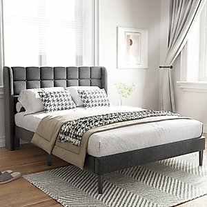 HAOARA Queen Bed Frame with Headboard and Upholstered Wingback, Modern Platform Bed Frame, Mattress Foundation Wooden Slats Support, No Box Spring Needed, Easy Assembly, Dark Grey