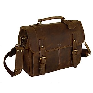 Vintage Rustic Look Leather Camera Messenger Bag by BASIC GEAR for DSLR/Mirrorless Sony, Canon, Nikon, Olympus, Pentax, Fuji - Fits Lenses and Accessories