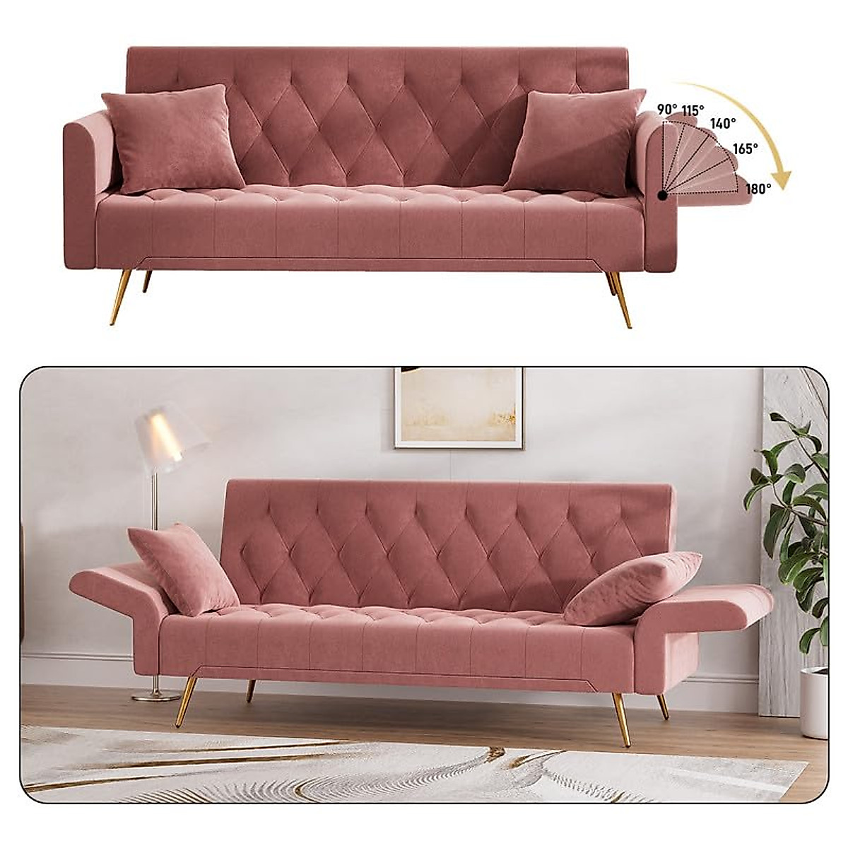 DAMAIFROM 71" Velvet Couch, Futon Sofa Bed, Sleeper Sofa with Adjustable Back, Loveseat,Mid Century Modern Couches with Folding Armrests for Living Room, Bedroom,Small Spaces (Rose Pink)