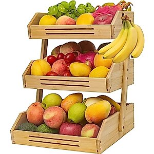 SINBDLAI Bamboo Fruit Basket, 3 Tier Fruit Basket for Kitchen Counter, Fruit Bowl for Kitchen Counter, Fruit and Vegetable Storage with 2 Banana Hangers