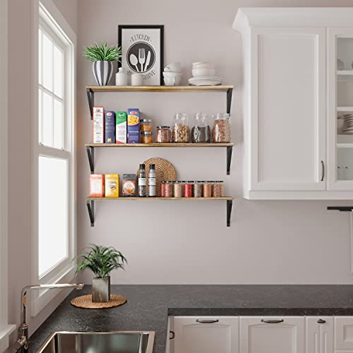 Wallniture Bora 36 Inch Large Floating Shelves for Wall Storage, Floating Bookshelf Set of 3, Burned Wood Wall Shelves for Books