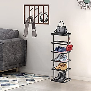 Black Vertical Narrow Shoe Shelf for Closet, 6 Tiers Space Saving Metal Shoe Rack with Hooks and Storage Shelf