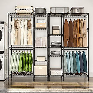 BELLEZE Garment Rack for Hanging Clothes, Clothes Rack with Adjustable Shelf, Freestanding Clothing Rack Closet Organizer Rack with 2 Pairs Side Hooks, Heavy Duty Closet Wardrobe for Bedroom, Black