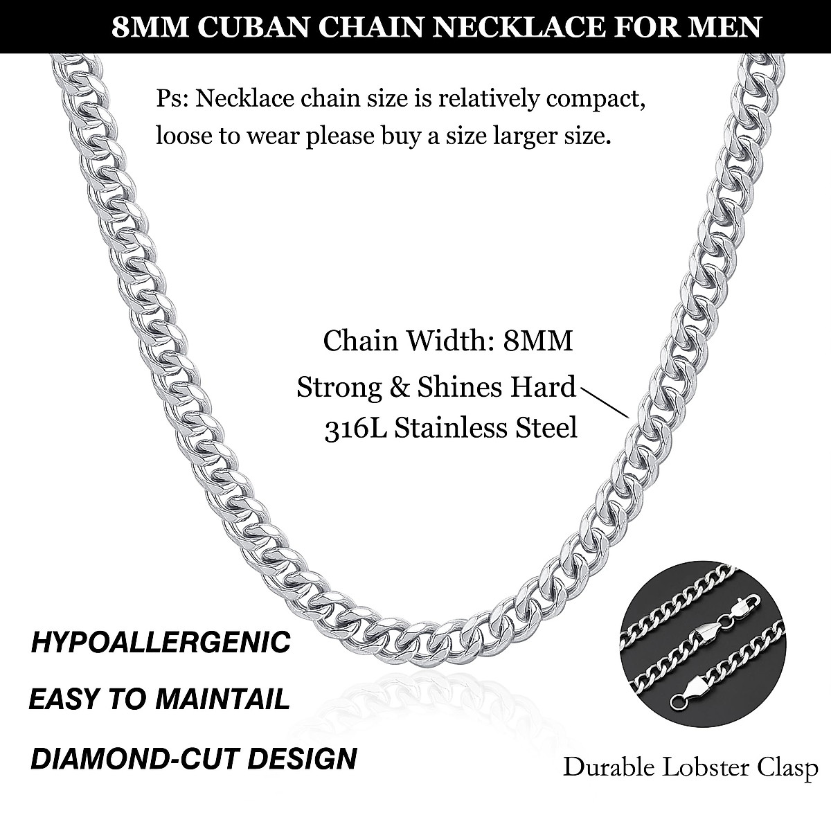 ZNBOH Silver Cuban Link Chain Necklace for Men Stainless Steel Chains for Men Women Miami Tone Diamond Cut Chain Necklaces Accessories Jewelry 4/6/10mm 18/20/22/24/26 Inch
