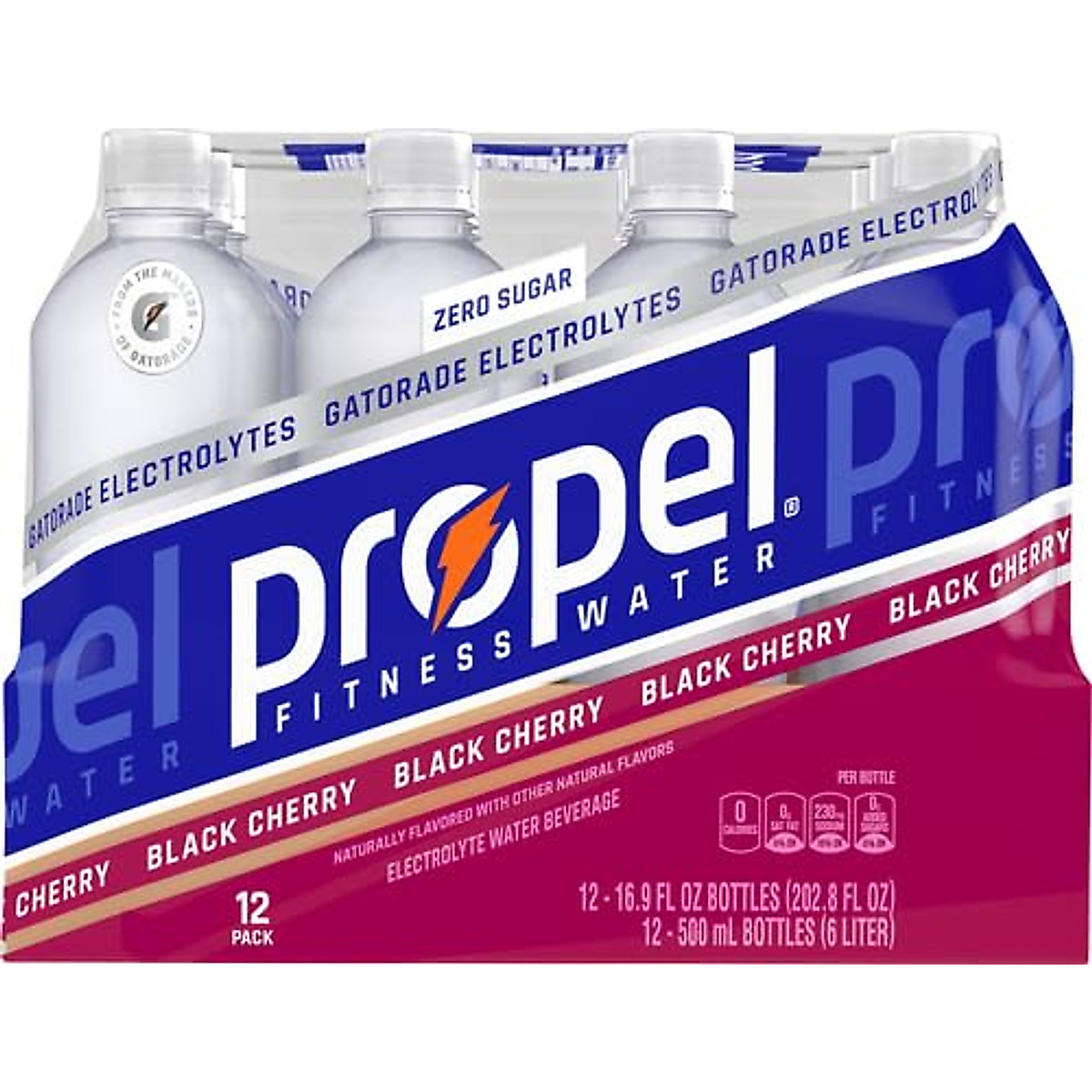 Propel Black Cherry, Zero Calorie Sports Drinking Water with Electrolytes and Vitamins C&E, 16.9 Fl Oz(Pack of 12)