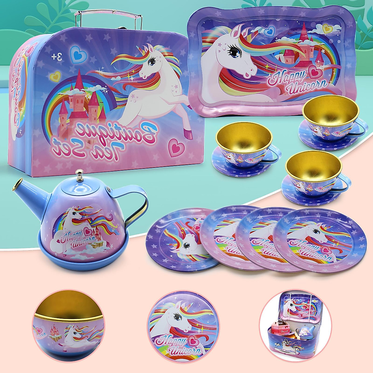 Dollox Kids Tea Party Playsets for Little Girls, Pretend Tin Teapot Set Princess Tea Time Toys Playset with Teapot, Cups, Plates and Carrying Case Birthday Gifts Ideas for Age 3 4 5 6 Years Old Girls