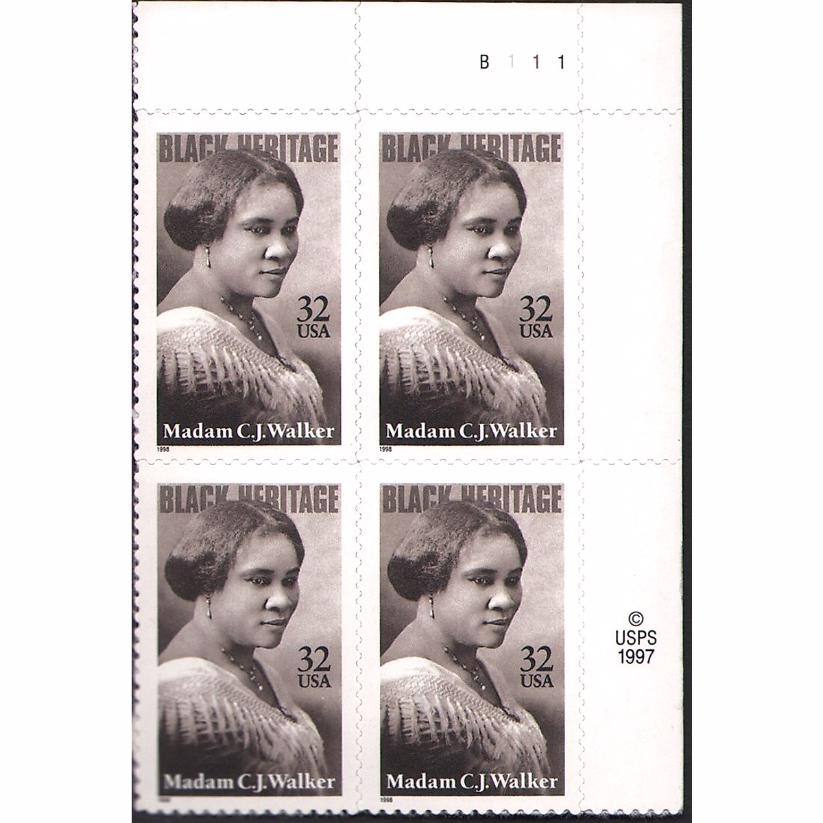 MADAM C. J. WALKER ~ BLACK HERITAGE #3181 Plate Block of 4 x 32 cents US Postage Stamps