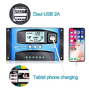 100A MPPT 36V/48V/60V Solar Charge Controller with LCD Display, Multiple Load Control Modes Dual USB MPPT Multi-Function LCD Displays Solar Charge Controller
