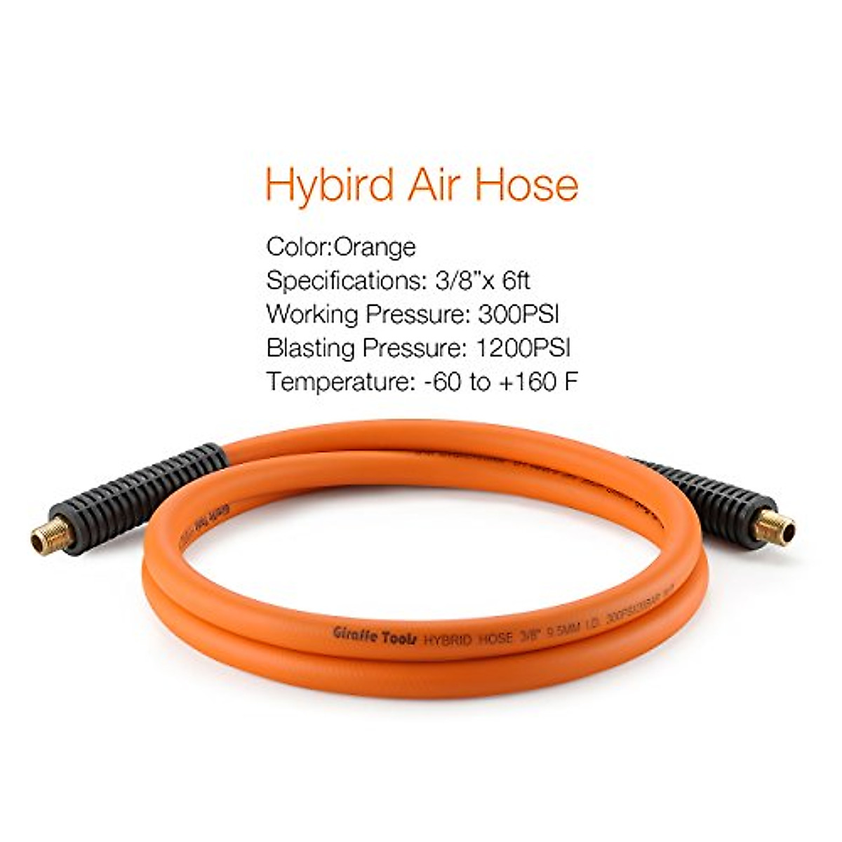 Giraffe Tools Hybrid Lead-in Air Hose, 3/8 inch x 6 ft, 1/4 in. MNPT Fittings, 300 PSI Heavy Duty, Lightweight Air Compressor Hose Short