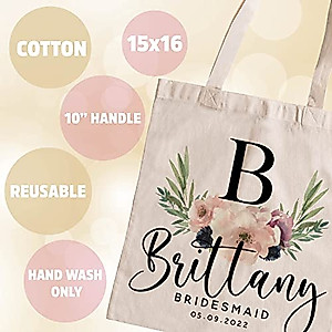 Single, Floral Totes for Bridesmaid Personalized, Initial Tote Bag w/Name - 8 Flowers, Monogrammed Bridal Shower Bags, Bridesmaid Gifts