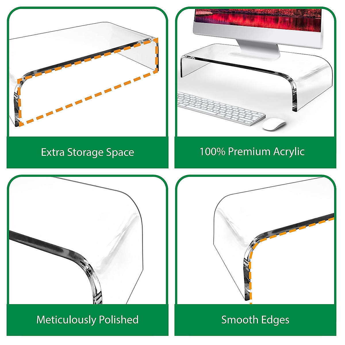 AMT Acrylic Laptop Monitor Stand & Computer Riser with Cat Keyboard Protector, Space-Saving Design, Extra Storage, Clear Shelf - Ideal for Monitors, Laptops, Printers, Desktop Decor