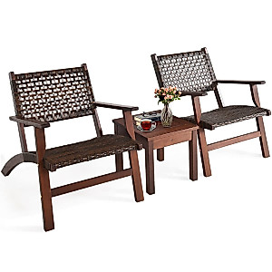 3PCS Outdoor Furniture Set Patio Conversations Set 2 Armchairs with Coffee Table Wide Armrest Tight Hand Woven Rattan Sloping Backrest Curved Chair Seat Perfect for Garden Balcony Poolside Use