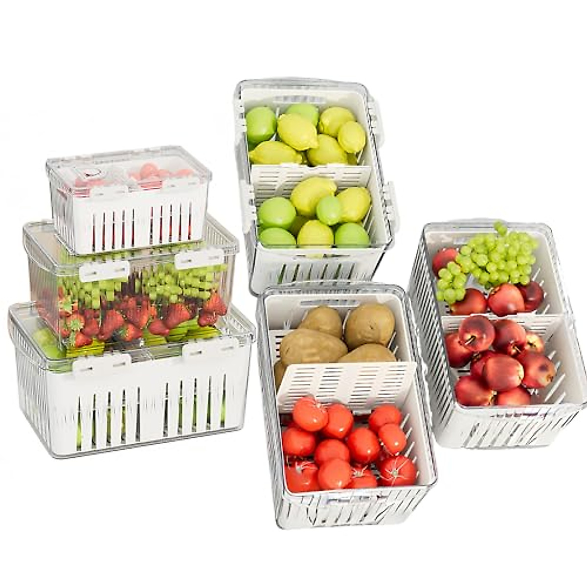 HausArtX Large Fridge Organizer Bins, Fridge Fruit Storage Containers with Removable Colander, BPA-Free, for Keeping Meat, Vegetable, Egg & Fruit Fresh (3 Packs)
