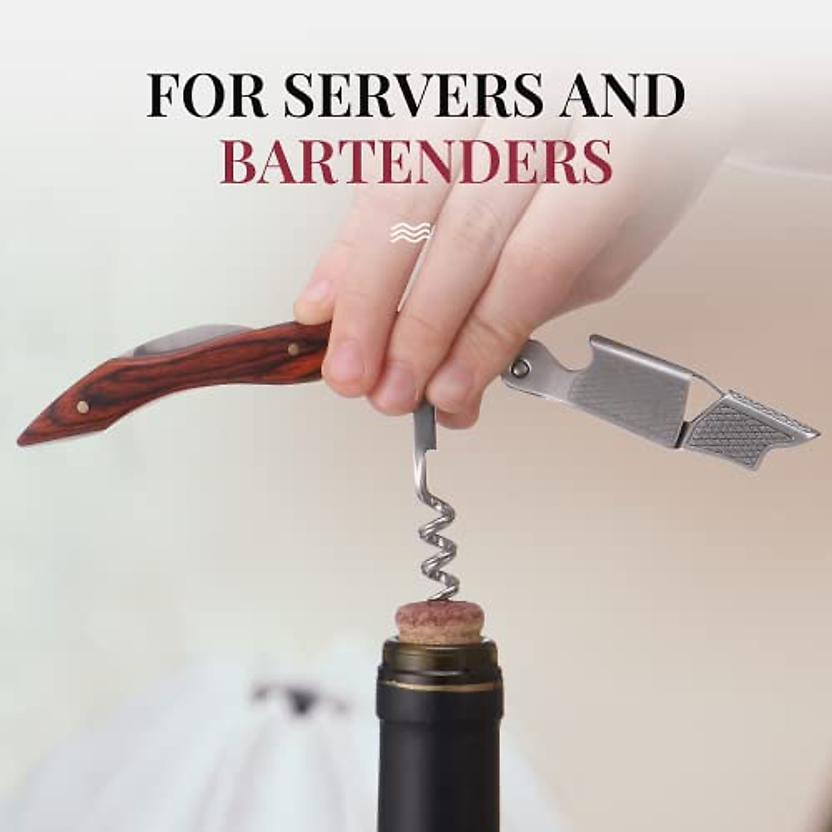 KITVINOUS Wine Opener, Professional Waiters Corkscrew with Foil Cutter & Dual Hinge, Stainless Steel Wine Key for Servers and Bartenders (Pakkawood)
