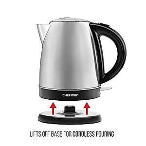 Chefman Stainless Steel Electric Kettle Quickly Heats Water, Separates from Base for Cordless Pouring, Auto Shut Off Boil Dry Protection, BPA-Free Interior & Cool-Touch Handle, 1.7 Liter/1.8 Quart