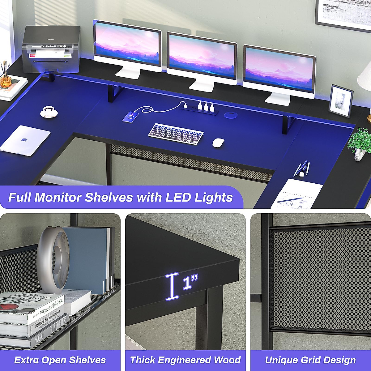 Unikito U Shaped Computer Desks, Reversible Office Desk with LED Strip and Power Outlets, L Shaped Table with Full Monitor Stand and Storage Shelves, 83 Inch Large U- Shape Gaming Desk, Black