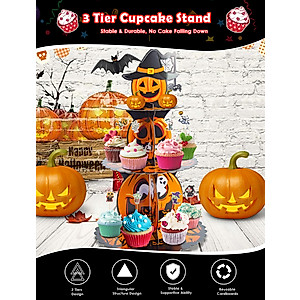 JROYJOY 3 Tier Halloween Cupcake Stand, Cupcake Tower with 16 Pcs Pumpkin Cupcake Toppers, Cake Stand for Dessert Table, Cupcake Display Stand for 24 Cupcakes Party Supplies Halloween Decorations