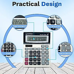 Empire Desk Calculator with Large Key Buttons, 12 Digits, Large Eye-Angled Display, Solar and Battery Powered for Home and Office (Battery Included)