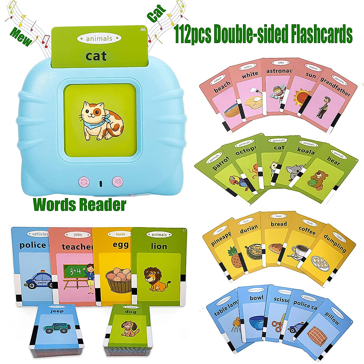 Educational Toddler Toy Flashcards Device,WONFAST 112PCS Double-Sided Illustrations Words Audible Preschool Learning Flash Cards Reader for Kids Boys Girls Birthday Christmas Children Gifts (Blue-1)