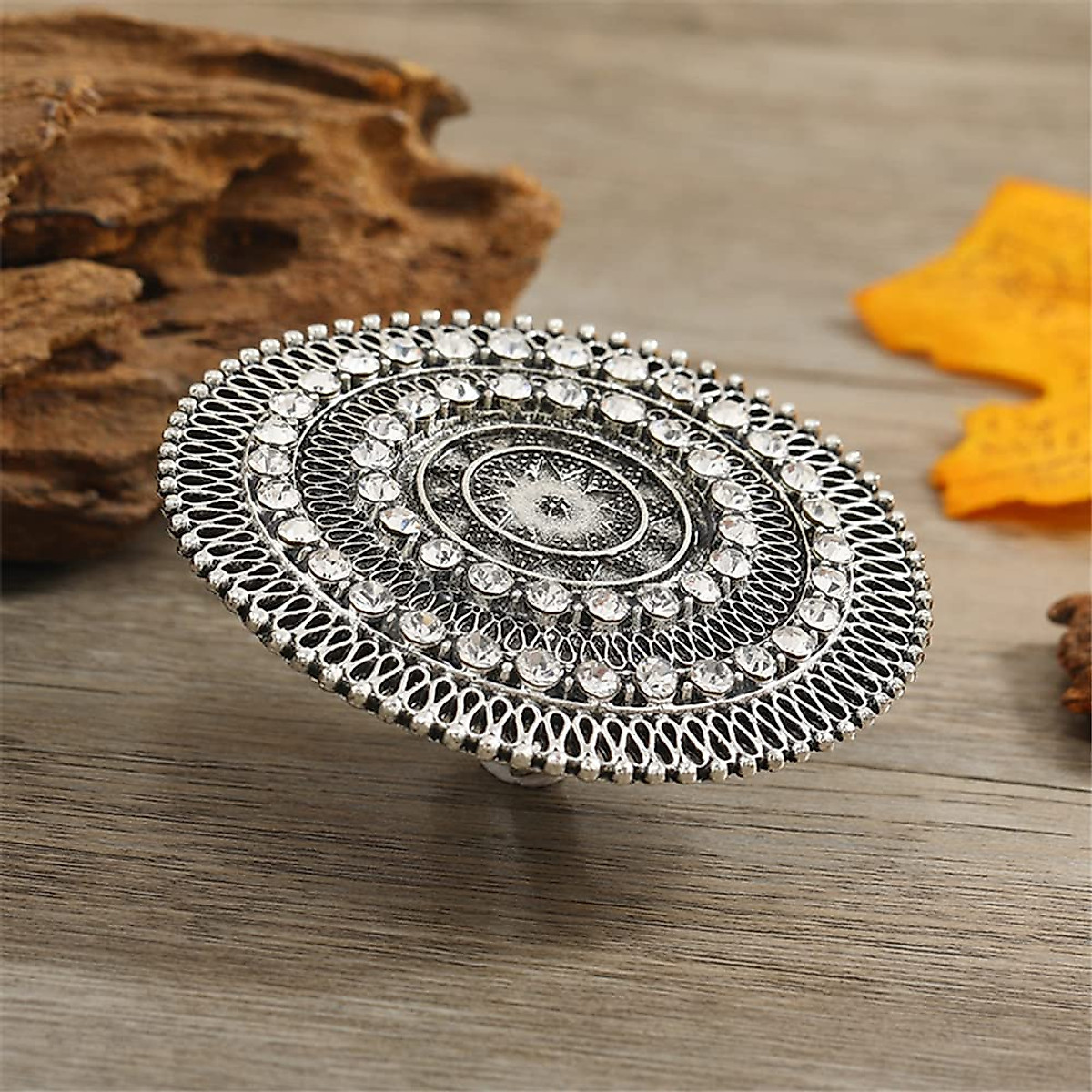 Dtja Boho Exaggerated CZ Statement Ring for Women Adjustable Bohemian Antique Mosaic Crystal Expandable Big Open Wrap Finger Rings Comfort Fit Retro Indian Style Jewelry (Silver Star)